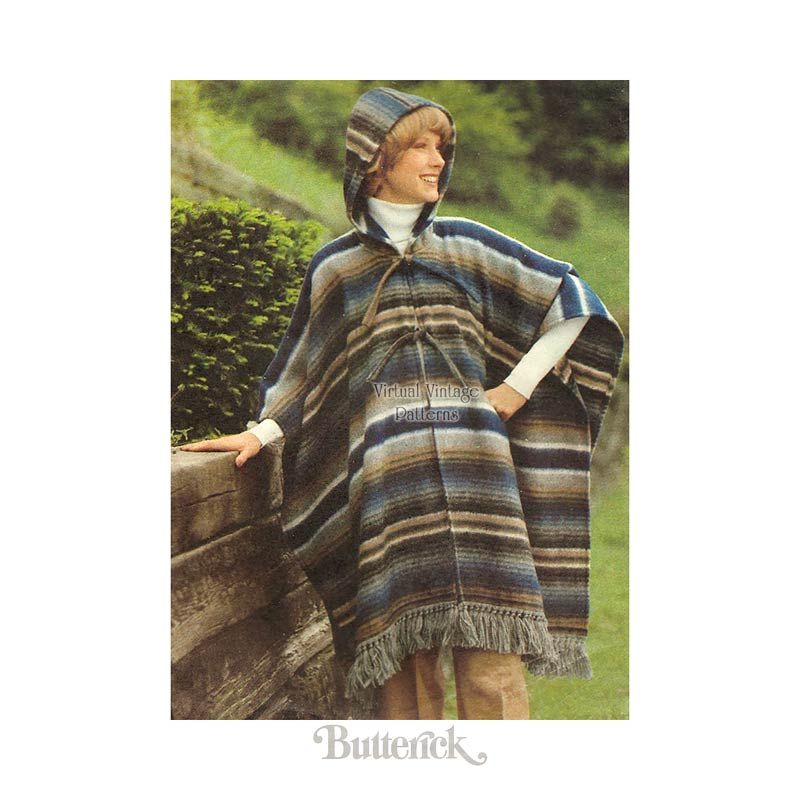 1970s Hooded Poncho Pattern, Butterick 5100, Womens Fringe Poncho